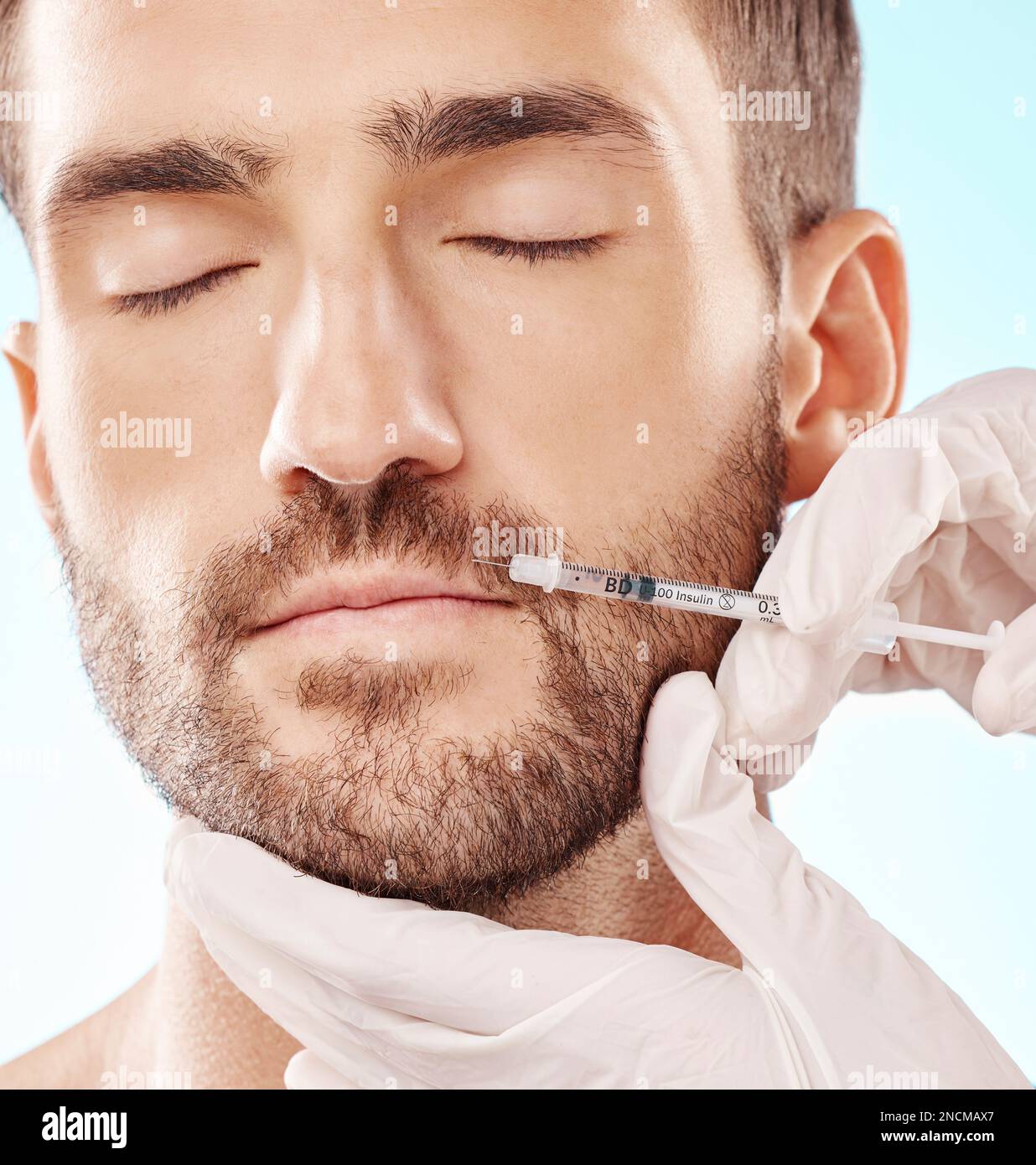 Man, lip filler and mesotherapy with face, hands and needle syringe ...
