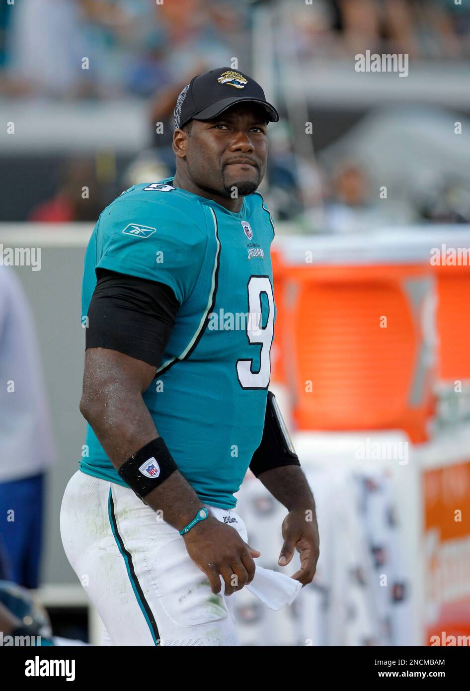 Jacksonville Jaguars quarterback David Garrard looks up at the ...