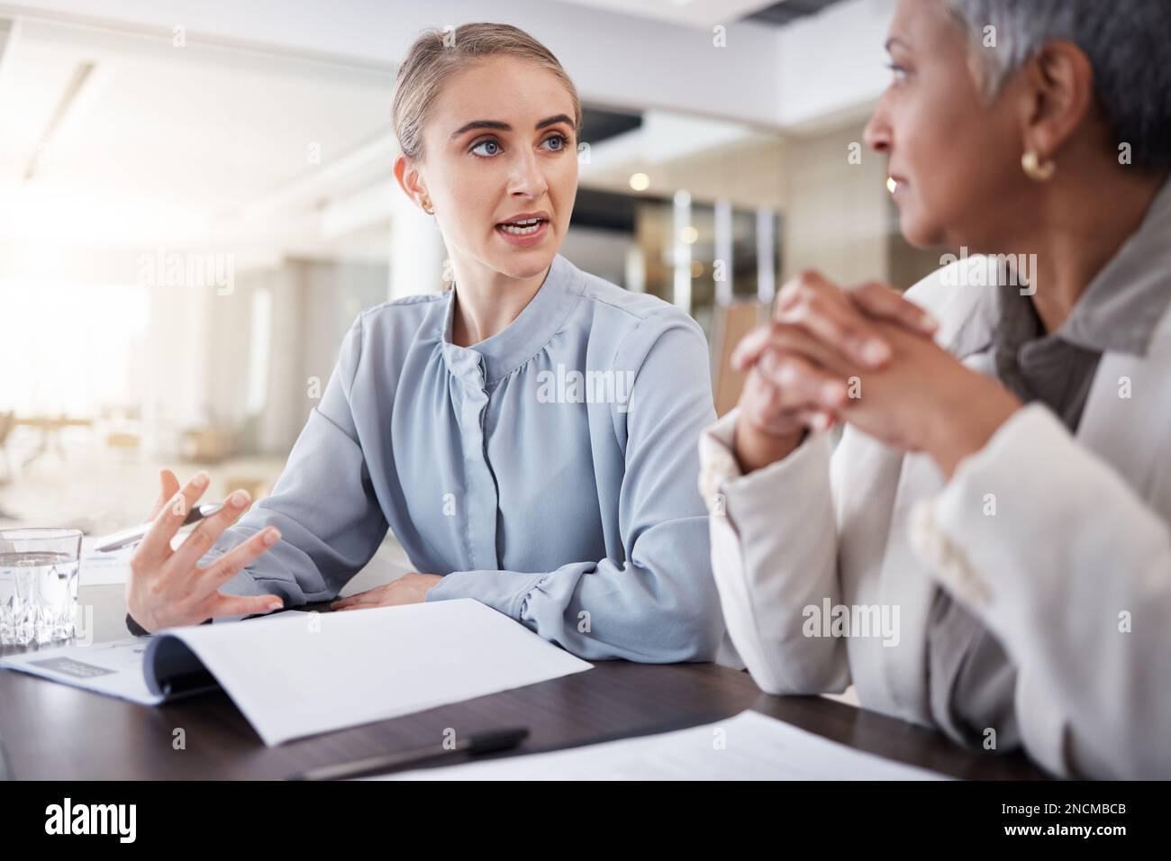 Meeting, discussion and business women with documents for marketing ...