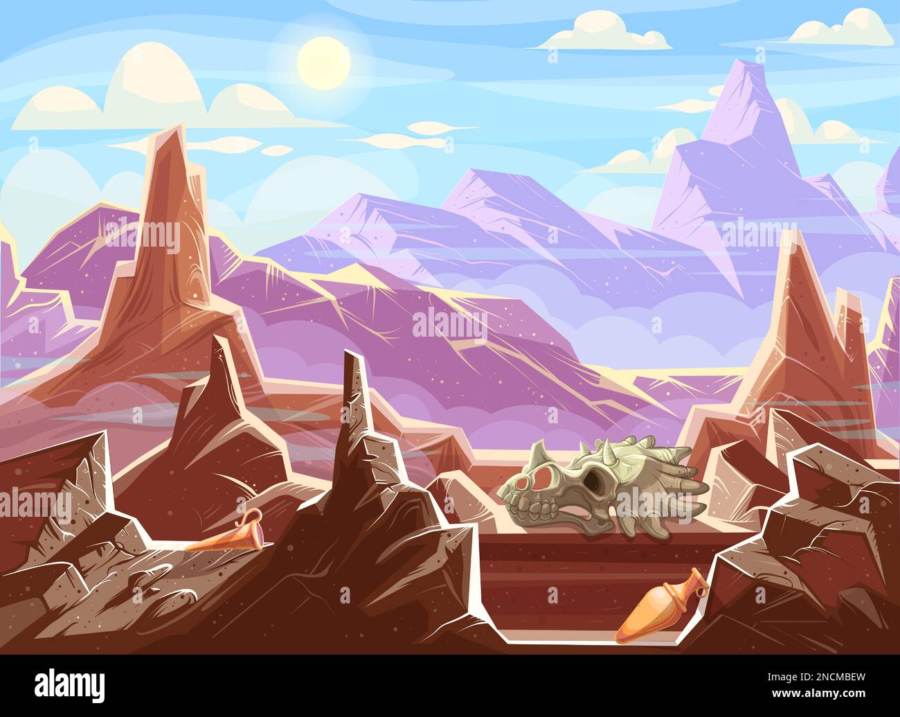 Mountain landscape with archaeological fossils, cartoon vector ...