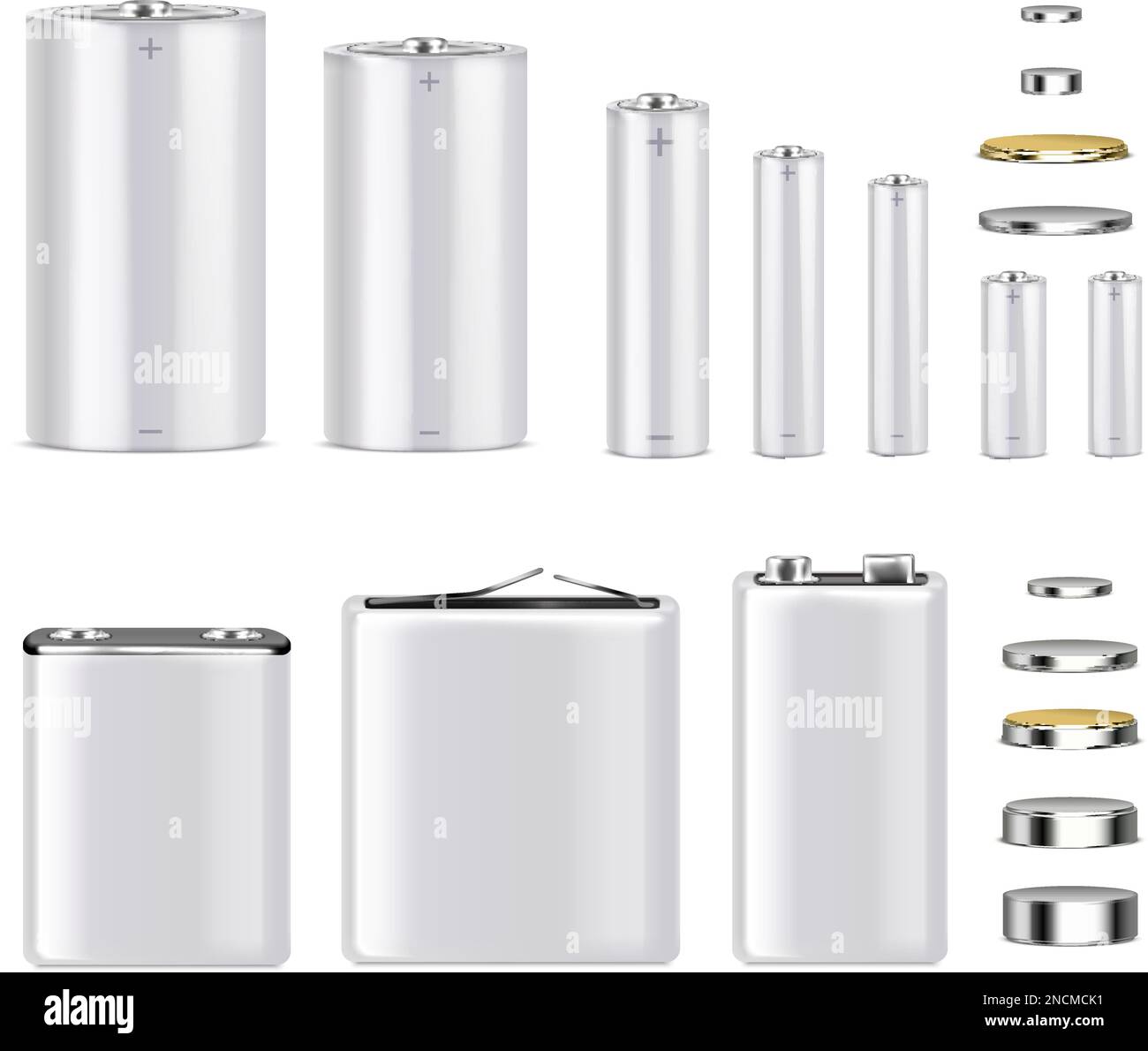 Lithium salt or alkaline batteries of different sizes realistic set ...