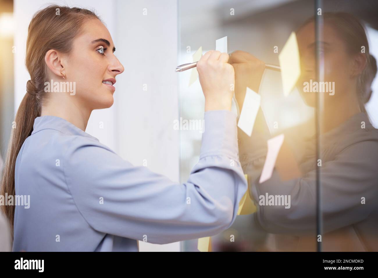 Planning, brainstorming and woman with ideas on sticky note for ...