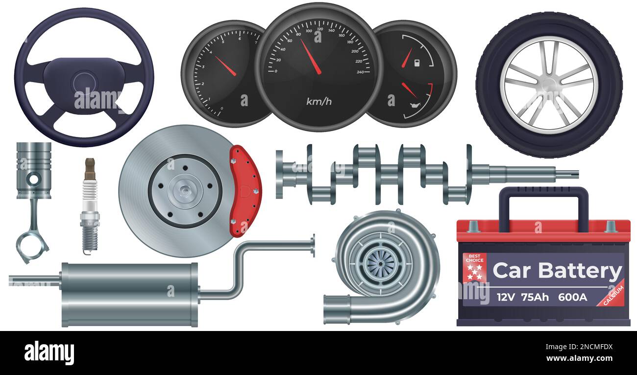 Auto parts realistic set with car battery symbols isolated vector ...