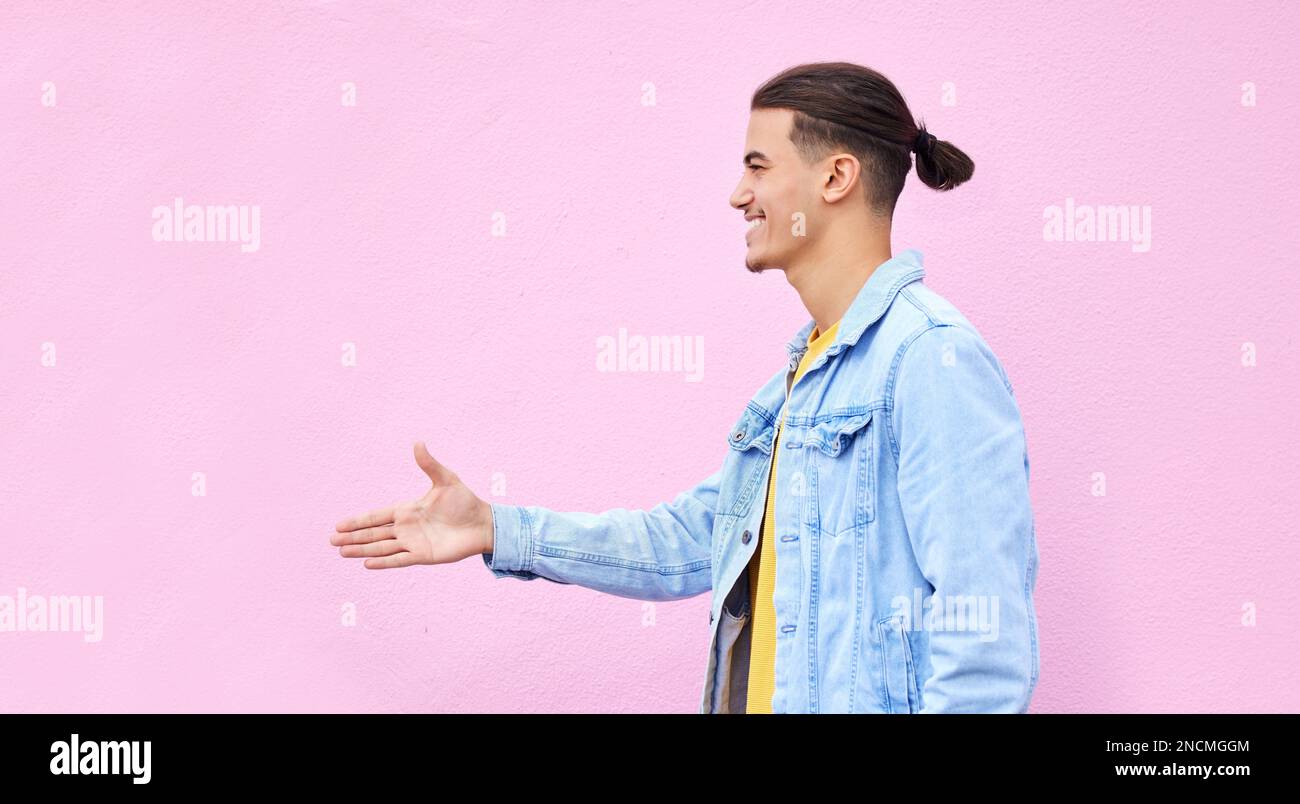 Hand shake, smile and welcome with man and wall background with mockup ...