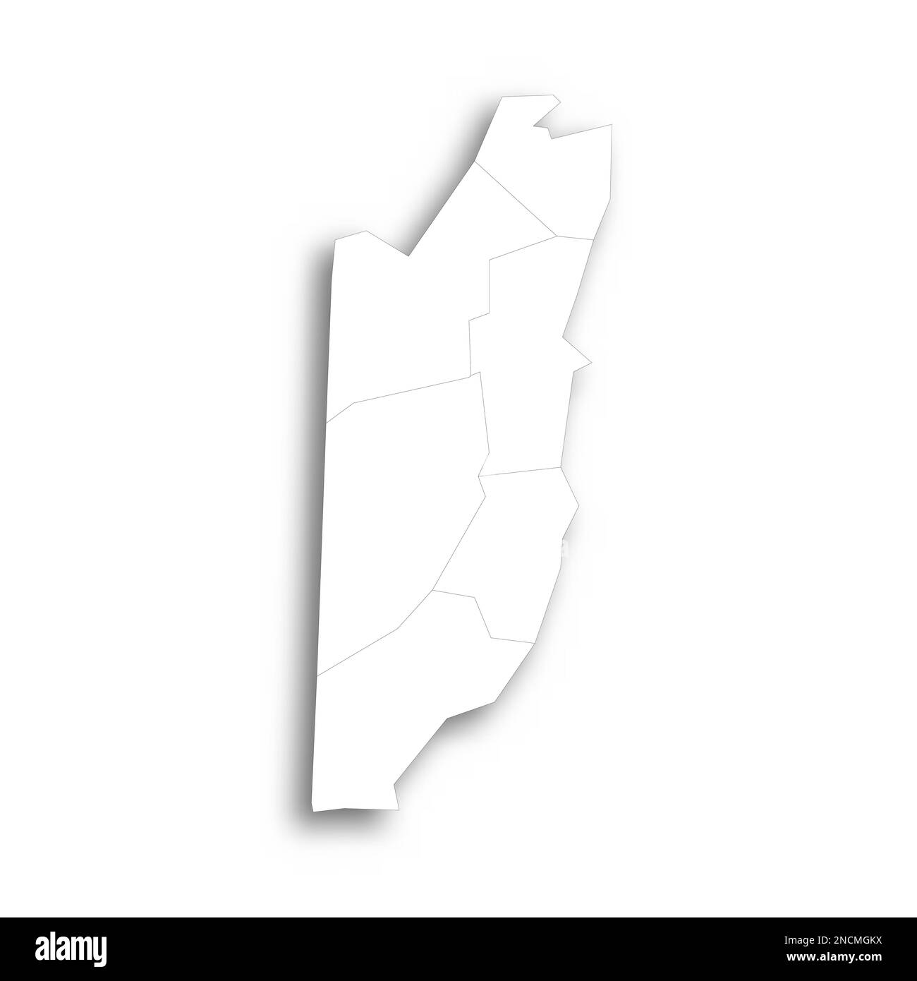 Belize political map of administrative divisions - districts. Flat white blank map with thin ...