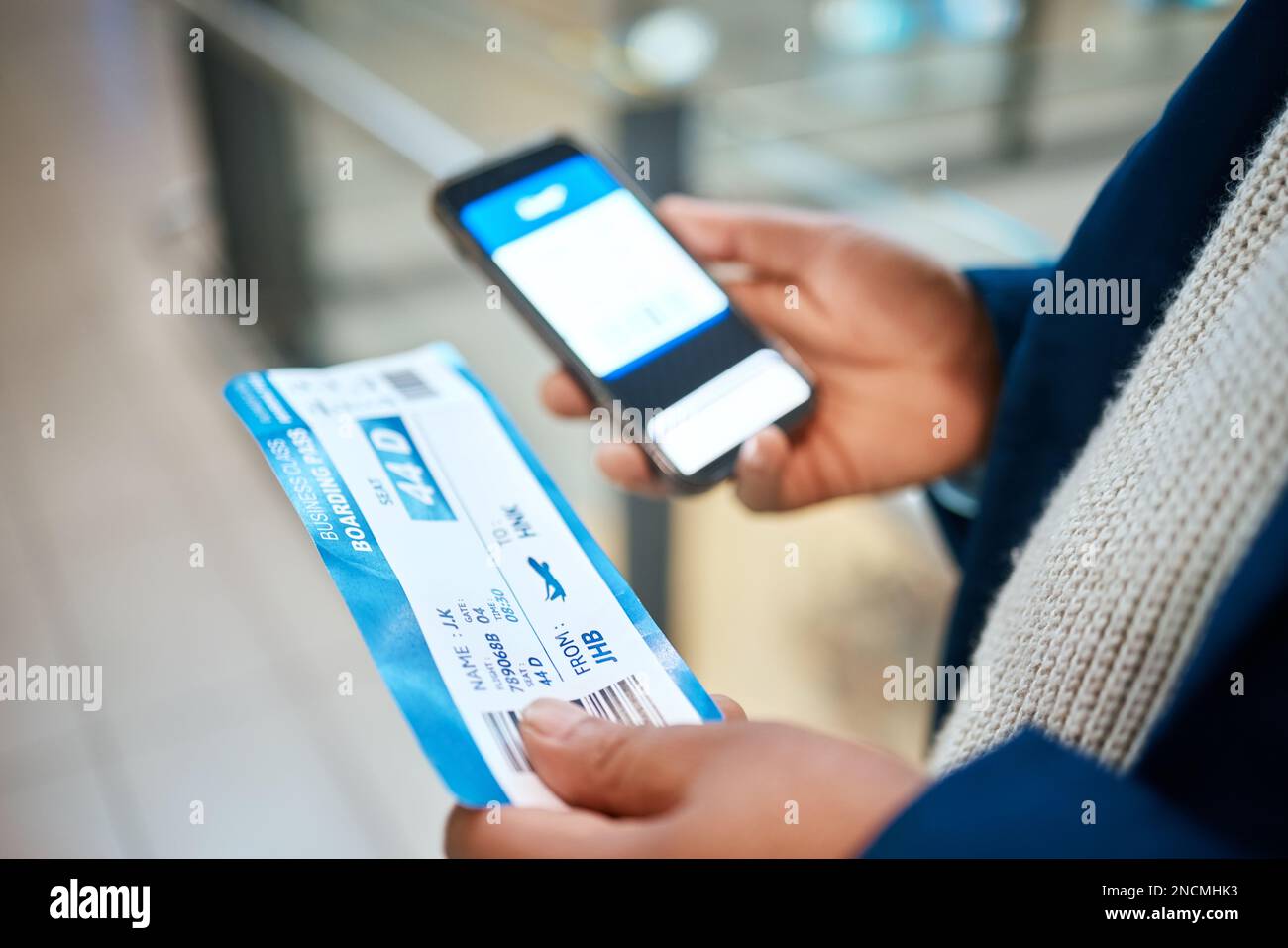 Plane ticket, online check and black man hands holding airplane ...