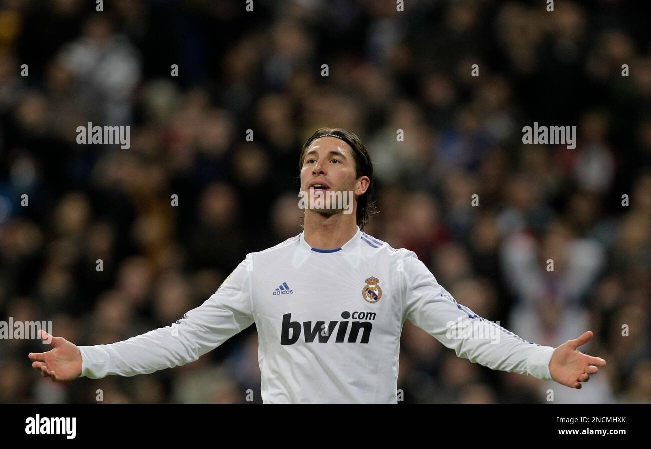 Real Madrid's Sergio Ramos reacts during a Spanish La Liga soccer match ...