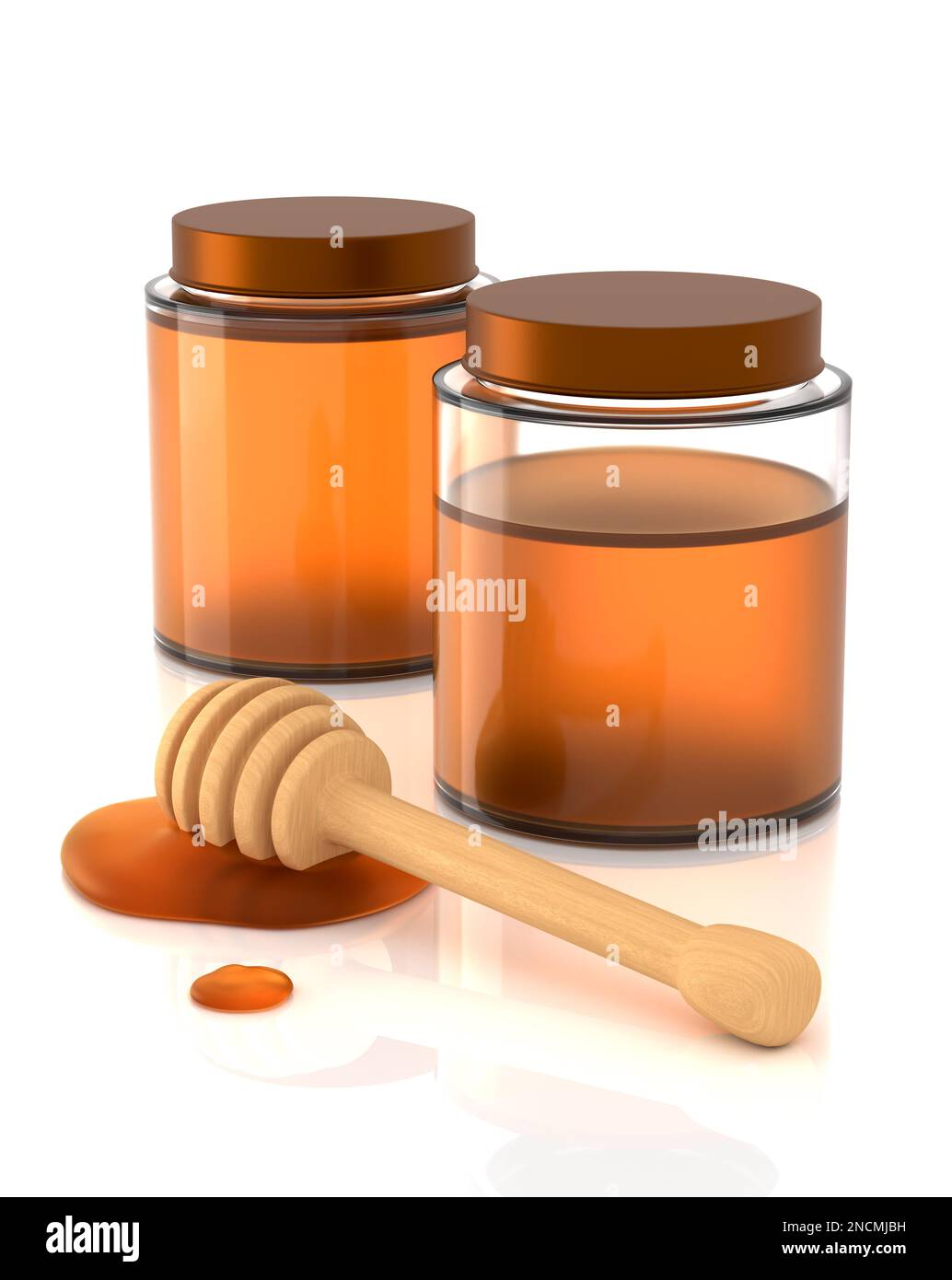 Organic Honey Jars with a Wooden Honey Dipper on White Background - 3D ...