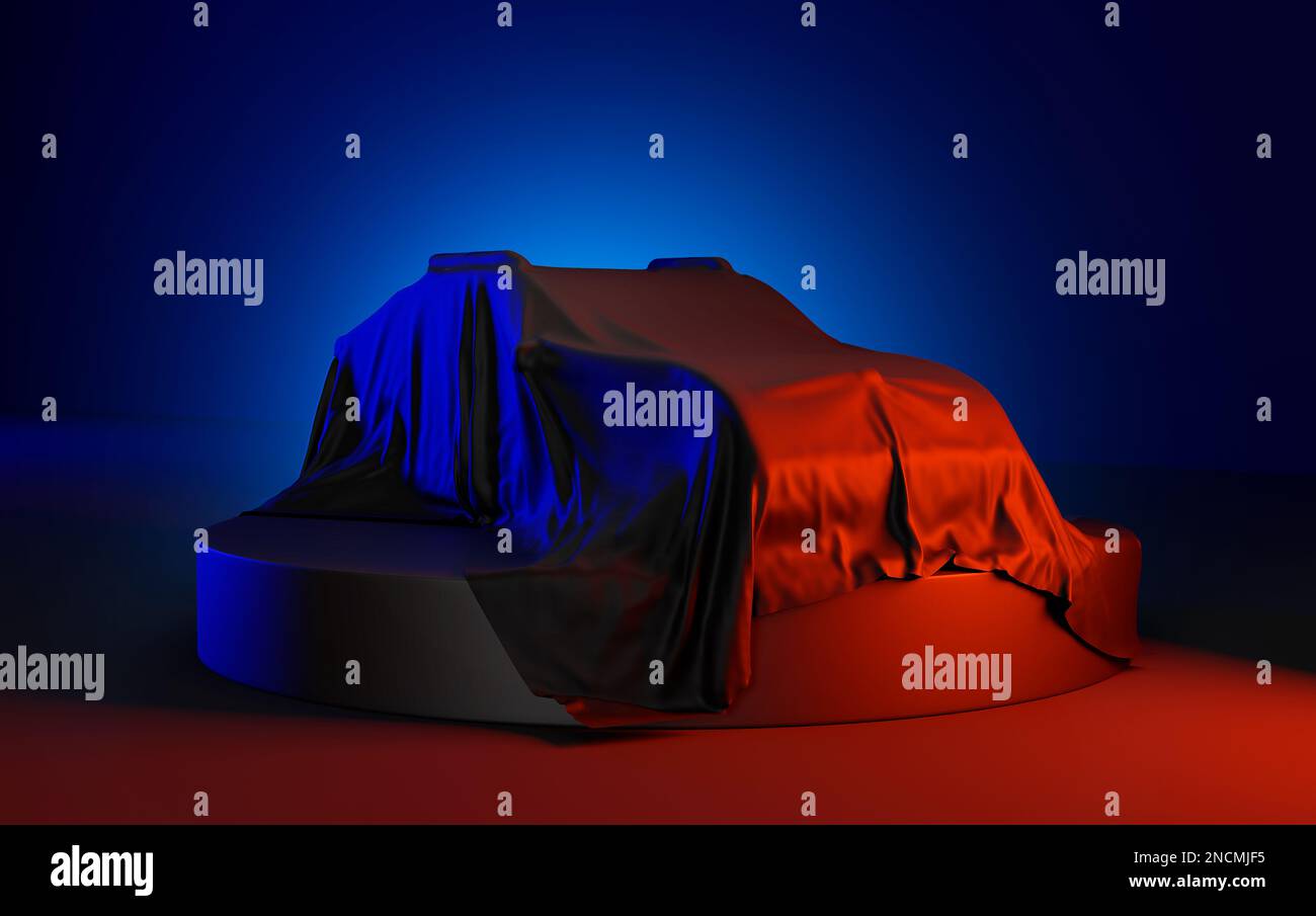 Car Covered with a Satin Fabric in an Exhibition for Unveiling on black ...