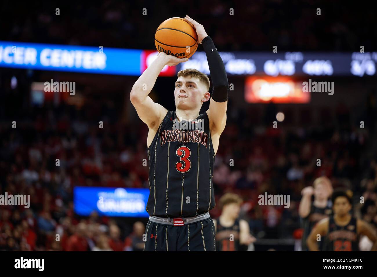 February 14, 2023: Wisconsin Badgers guard Connor Essegian (3) shooting ...