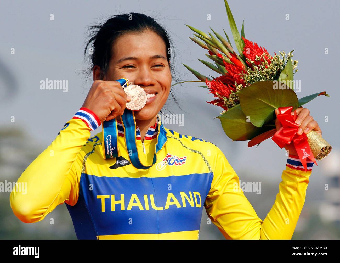 Thailand's Chanpeng Nontasin shows her bronze medal during the medal ...