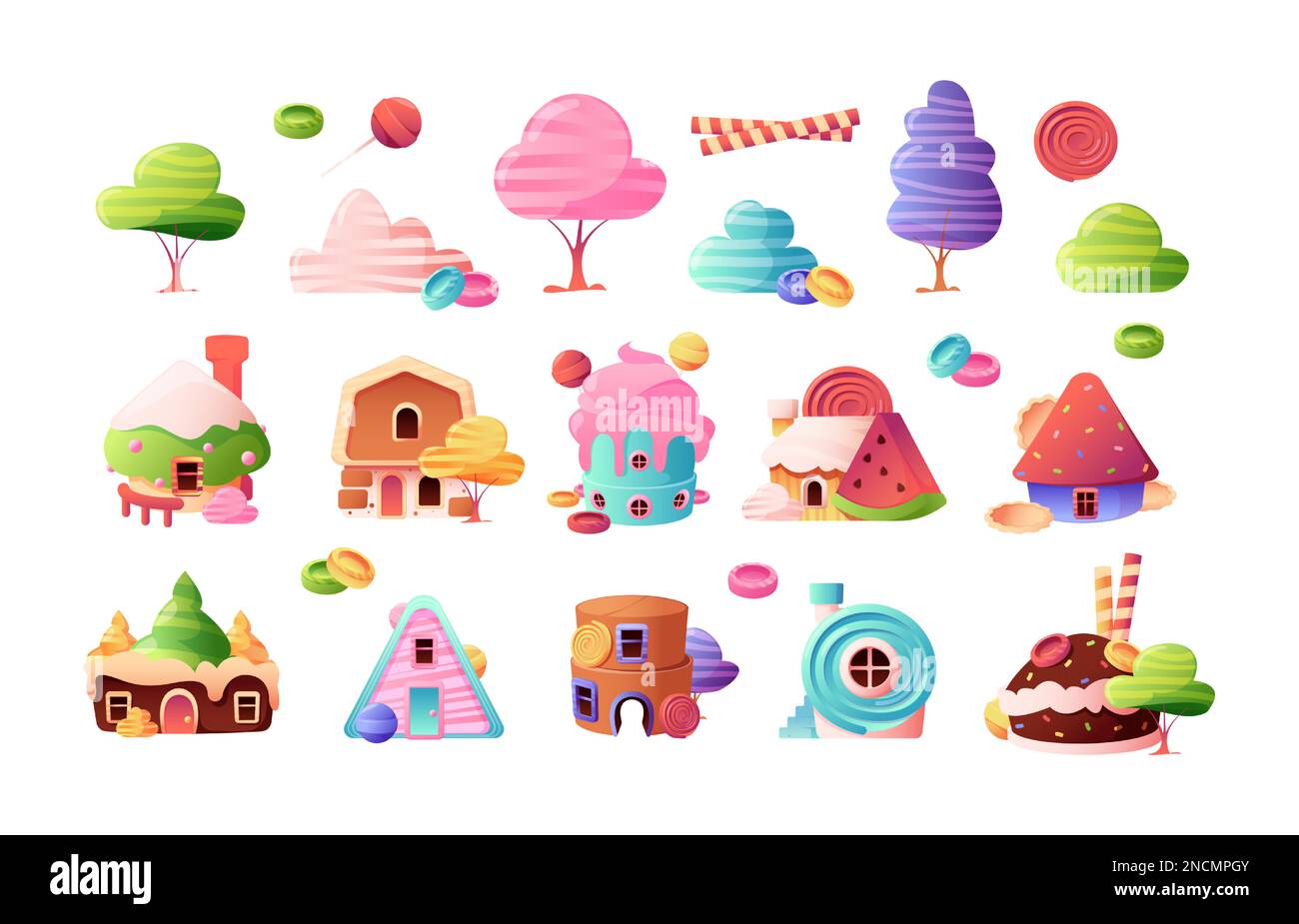 Cartoon candy city set. Fairytale houses with sweet trees bushes ...