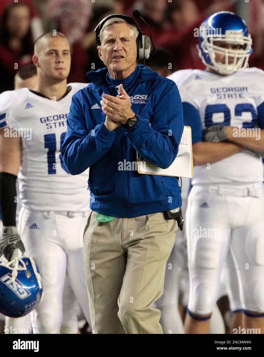 Georgia State coach Bill Curry yells encouragement to his players in ...