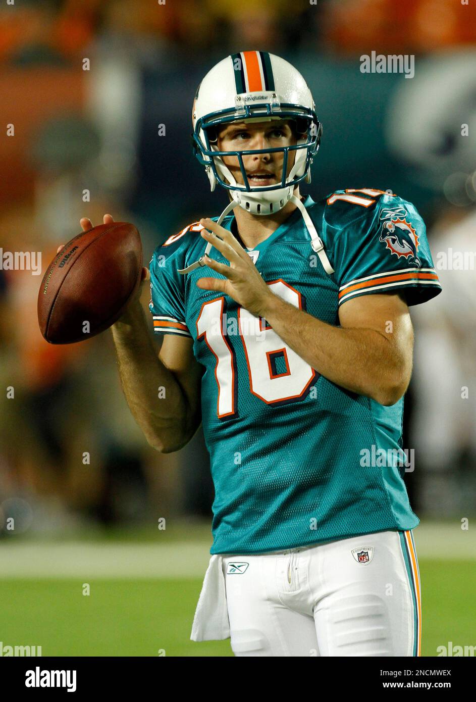 Miami Dolphins quarterback Tyler Thigpen (16) warms-up prior to an NFL ...