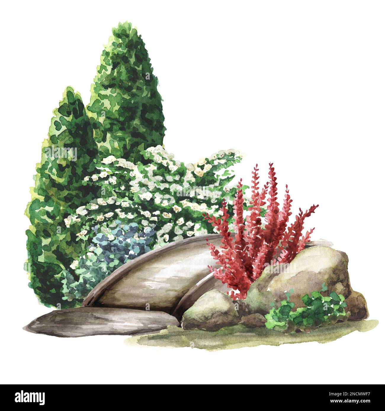 Garden walking path, small bridge, Landscape design. Hand drawn ...