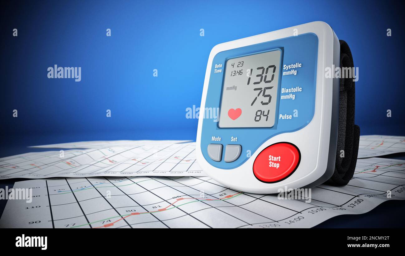 Wrist cuff blood pressure monitor on blood pressure graph. 3D ...