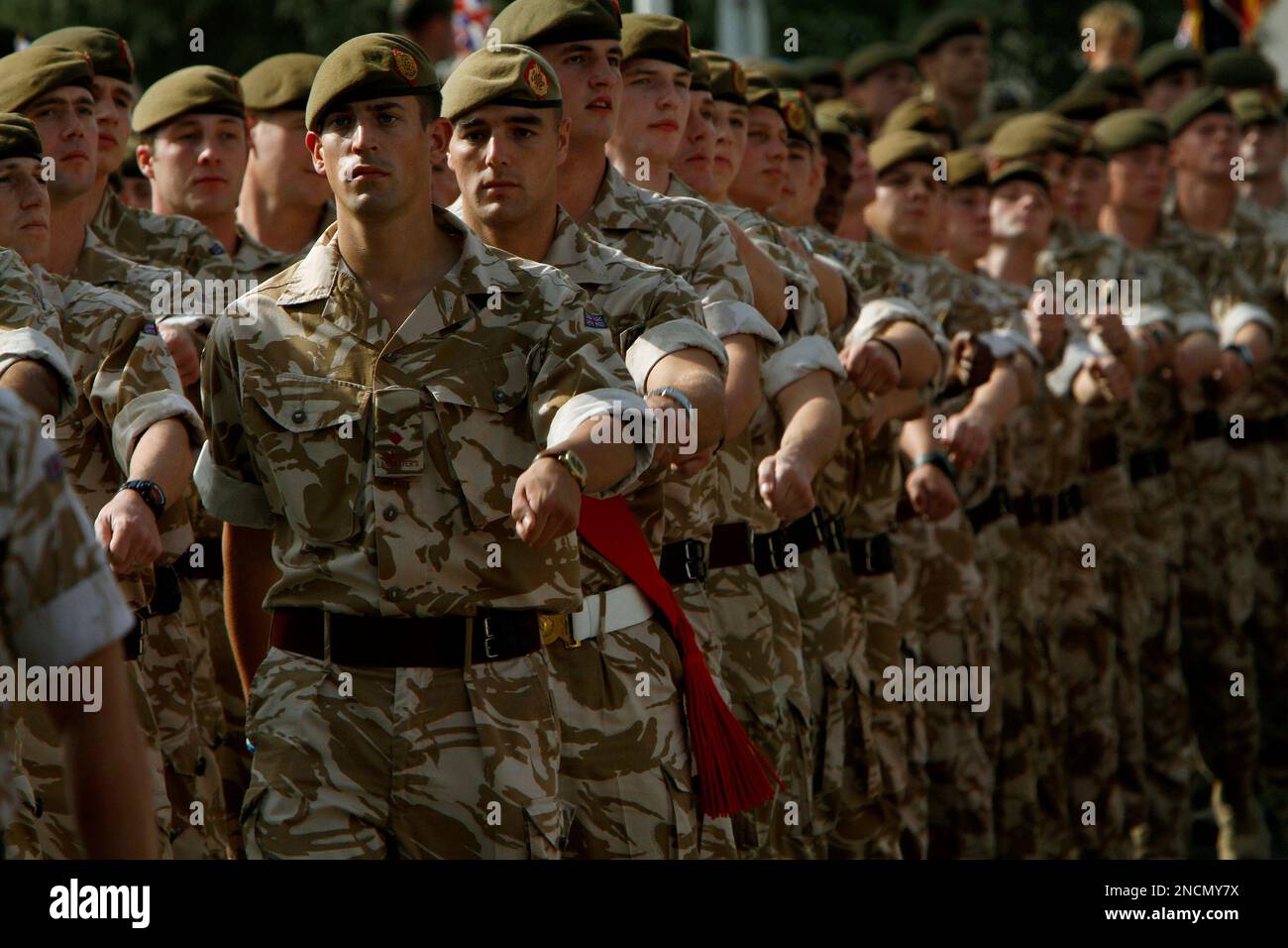 British soldiers march during a parade to mark the return of Britain's ...