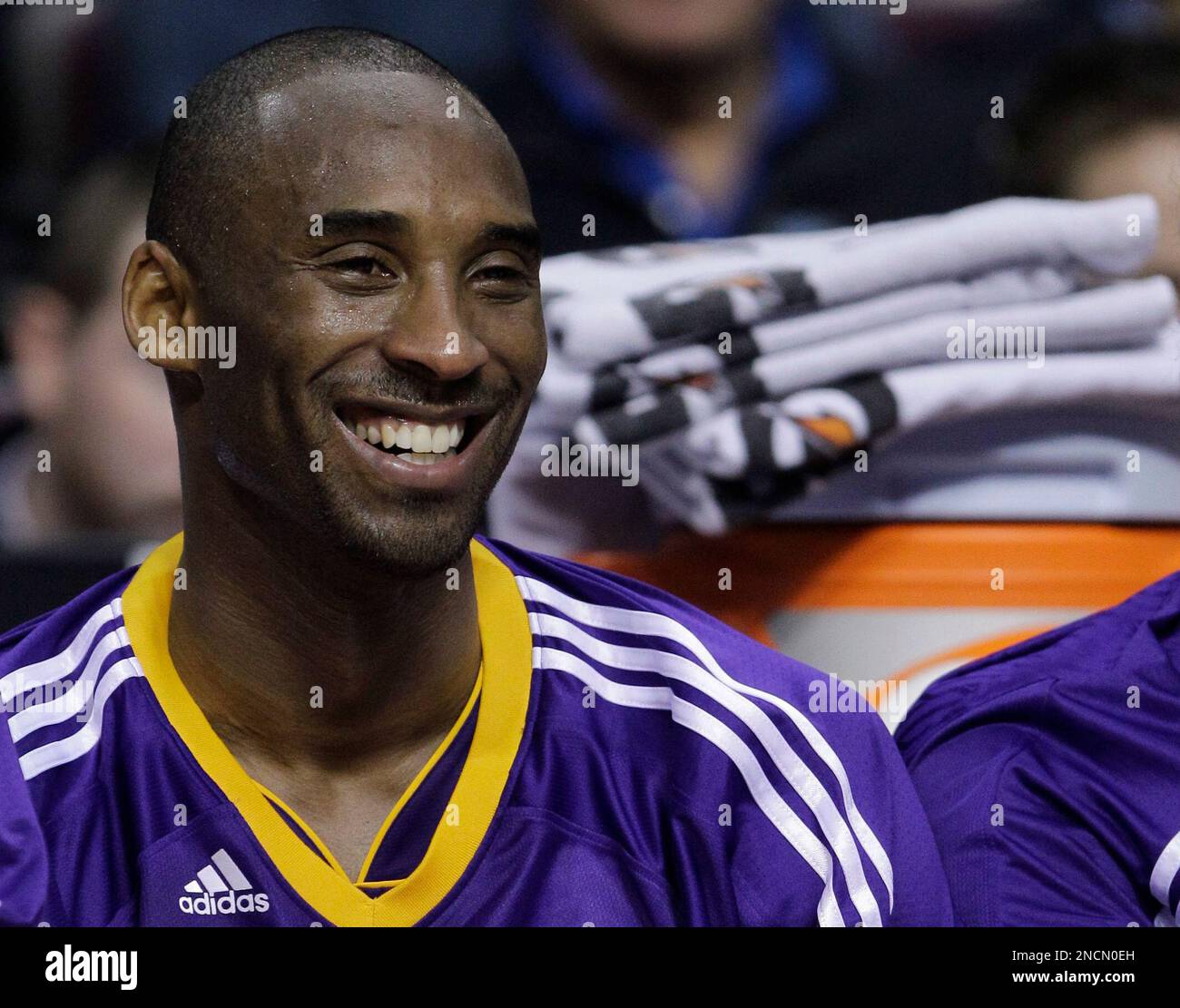 Los Angeles Lakers shooting guard Kobe Bryant (24) smiles against the ...