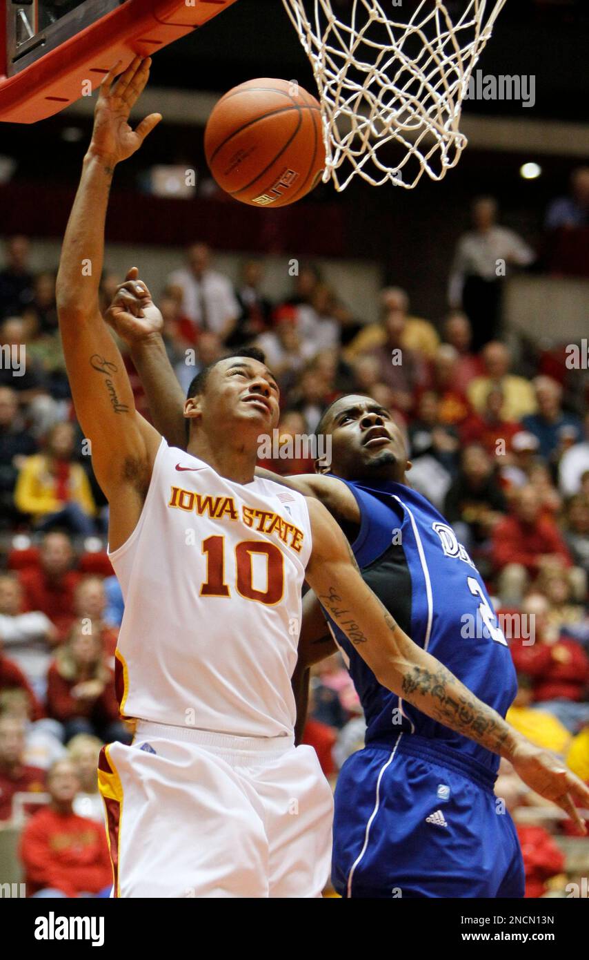 Iowa State guard Diante Garrett (10) shoots over Drake guard Rayvonte ...