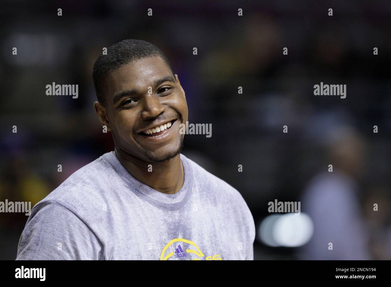 Los Angeles Lakers center Andrew Bynum (17) smiles during pregame ...