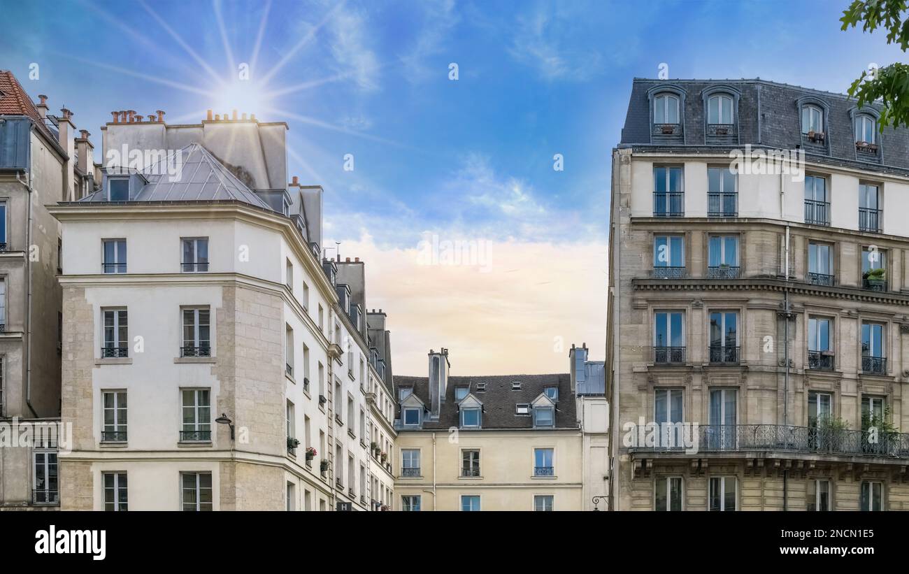 Paris, typical facades and street, beautiful buildings rue Reaumur, sun ...