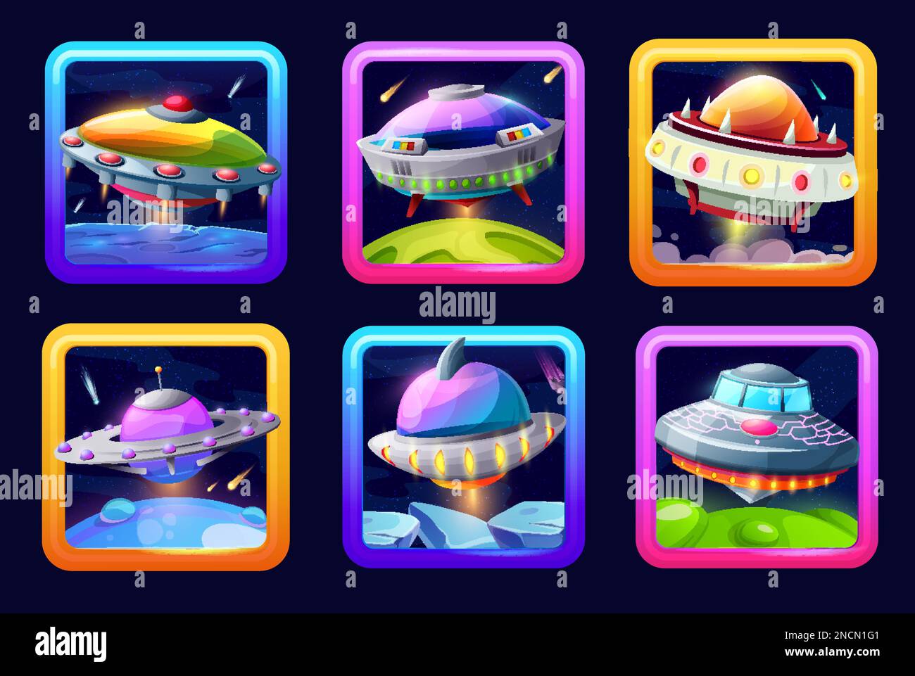 Cartoon Ufo Space Game App Icons Vector Alien Saucers Ui Or Gui Menu