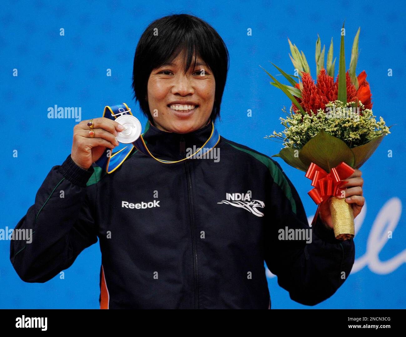 Silver winner Sandhyarani Devi Wangkhem from India during the medals ceremony of the women's ...