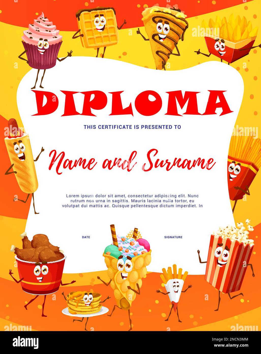 Kids diploma. Cartoon funny fast food characters. School children ... Kids diploma. Cartoon funny fast food characters. School children ...