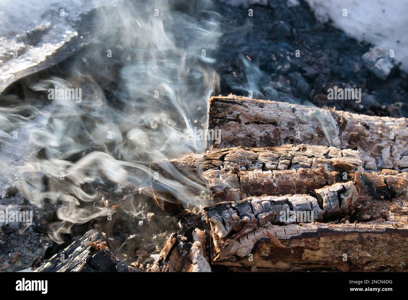smoking logs in a camping site campfire Stock Photo - Alamy