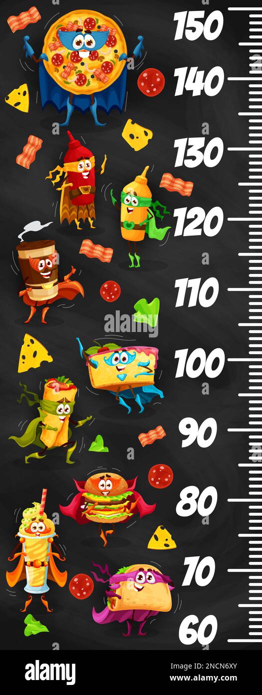 Kids height chart ruler. Fast food characters. Child growth meter, kids ...