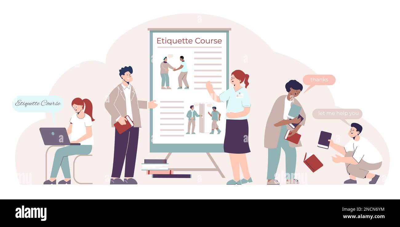 Etiquette course flat composition with female person teaching rules of ...