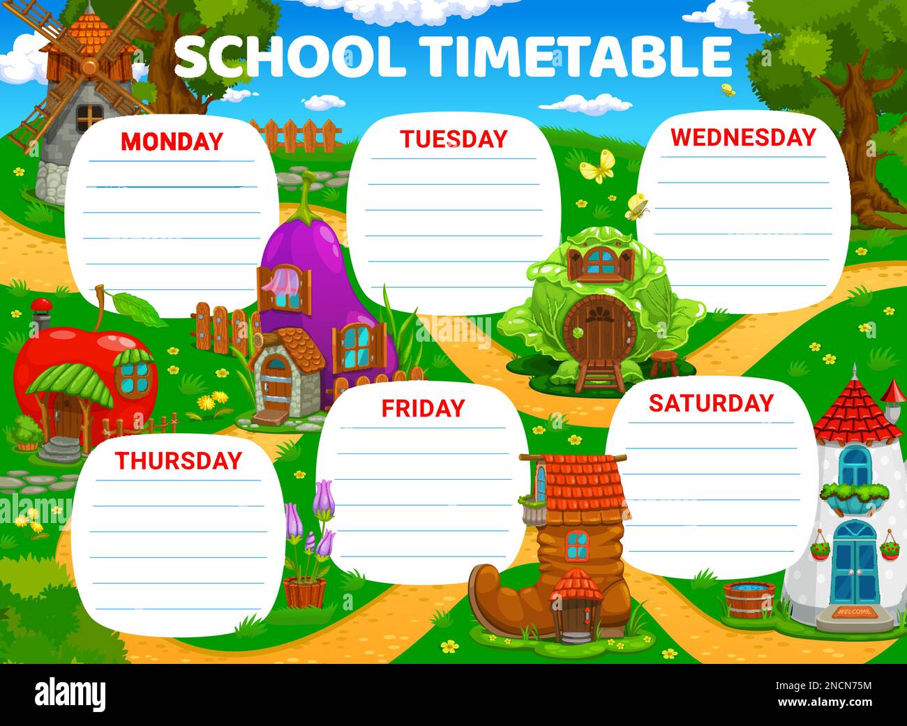 Education timetable cartoon fairytale house buildings. Vector school ...