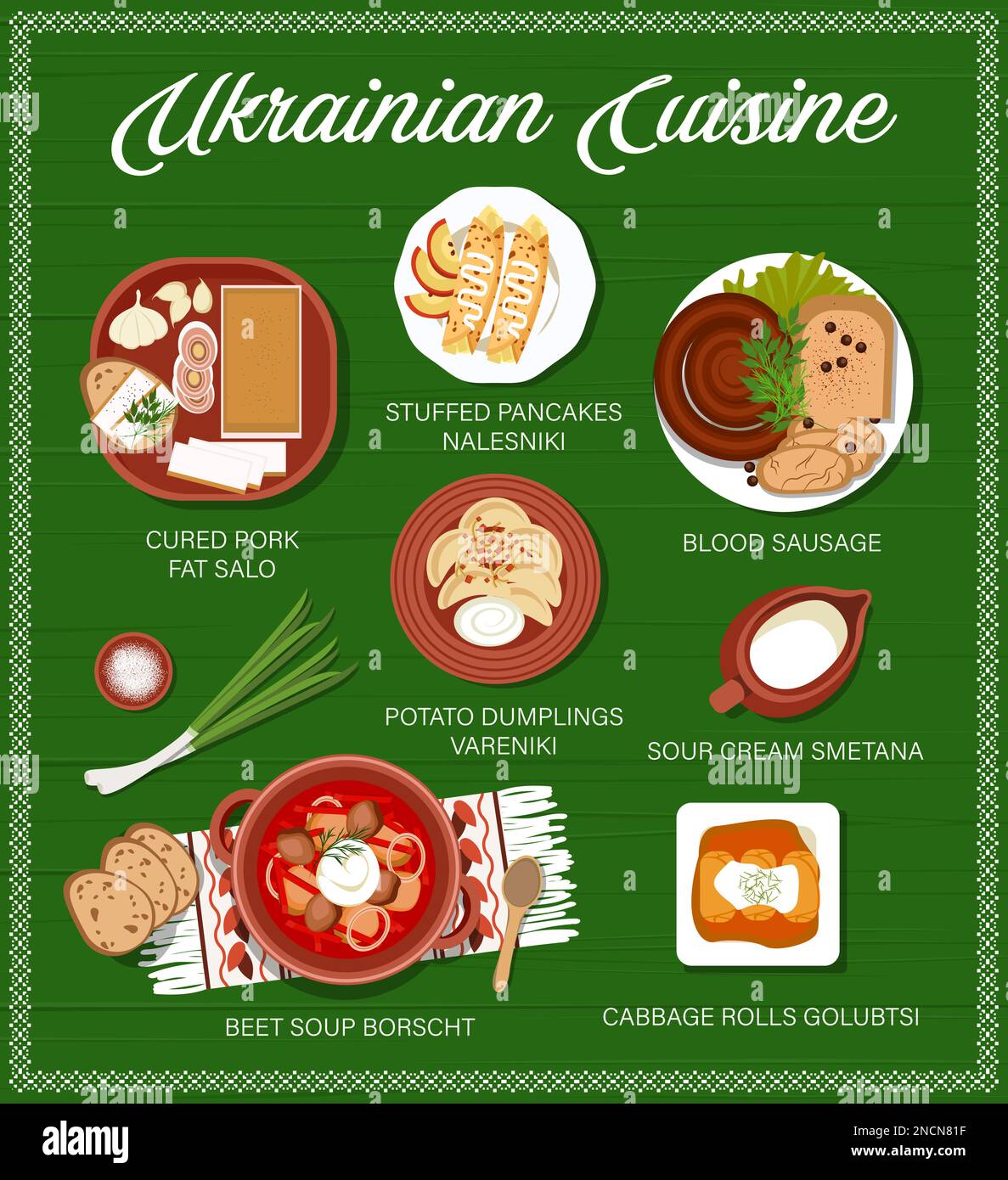 Ukrainian cuisine meals menu with traditional food dishes. Vector ...