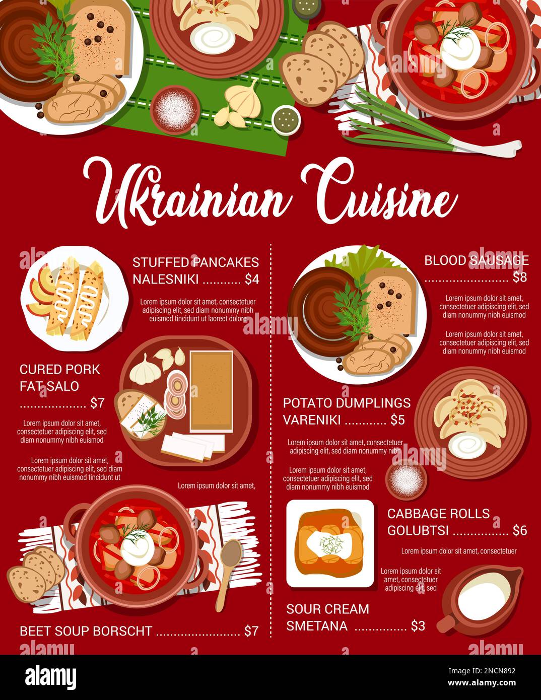 Ukrainian cuisine meals vector menu with traditional dinner dishes ...