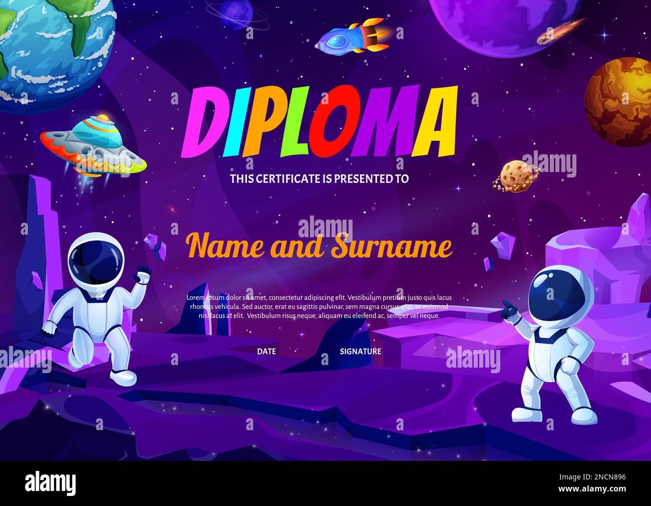 Kids diploma cartoon space landscape with planets and astronauts ...