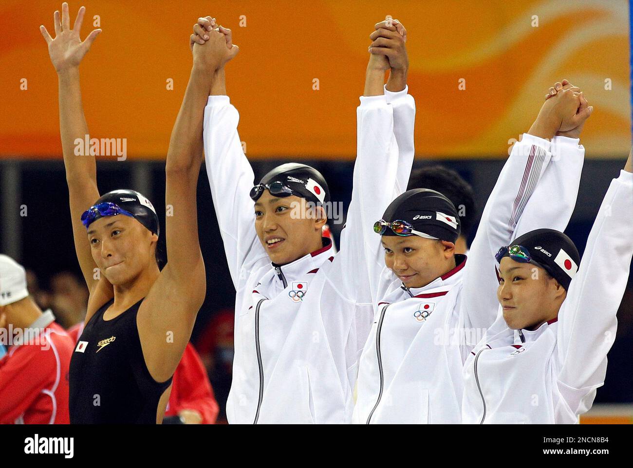 Japan team, from left, Hanae Ito, Haruka Ueda, Yayoi Matsumoto and Risa Sekine celebrate their ...