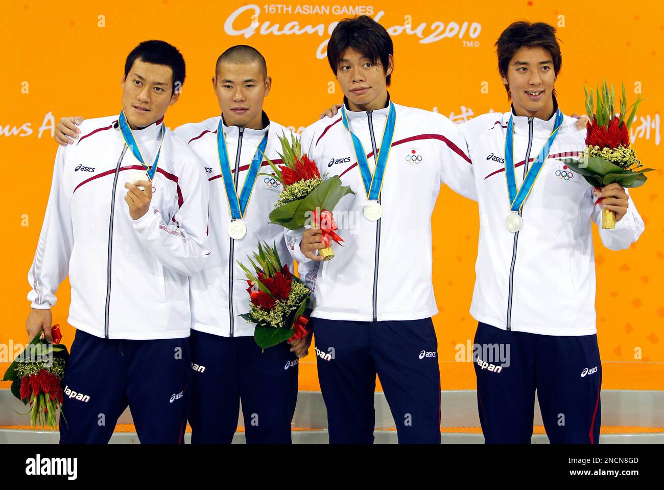 Japan team, from left, Sho Uchida, Rammaru Harada, Shunsuke Kuzuhara and Takuro Fujii pose with ...