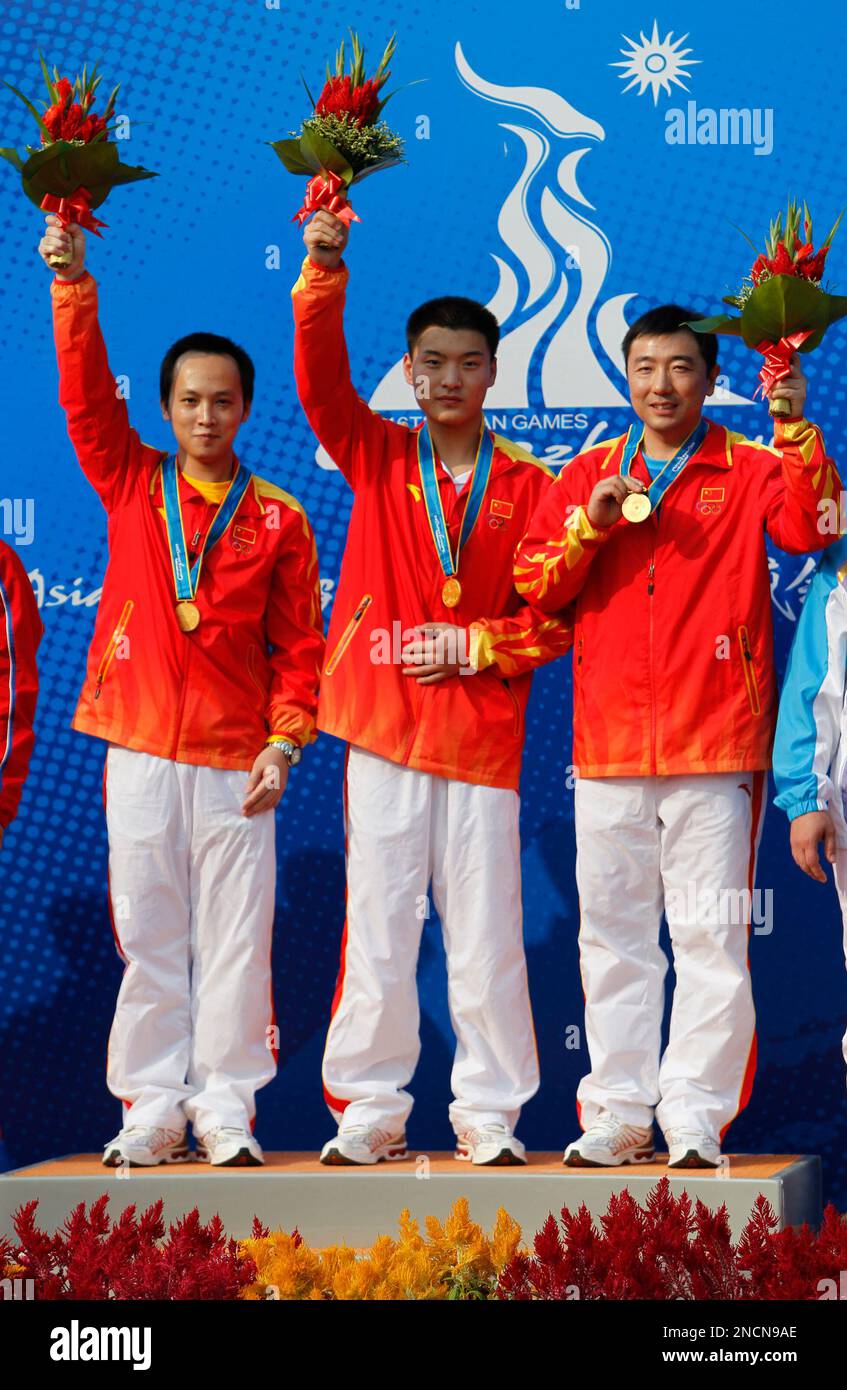 China's gold medalists team from left, Gan Lin, Zhai Yujia, and Yang ...