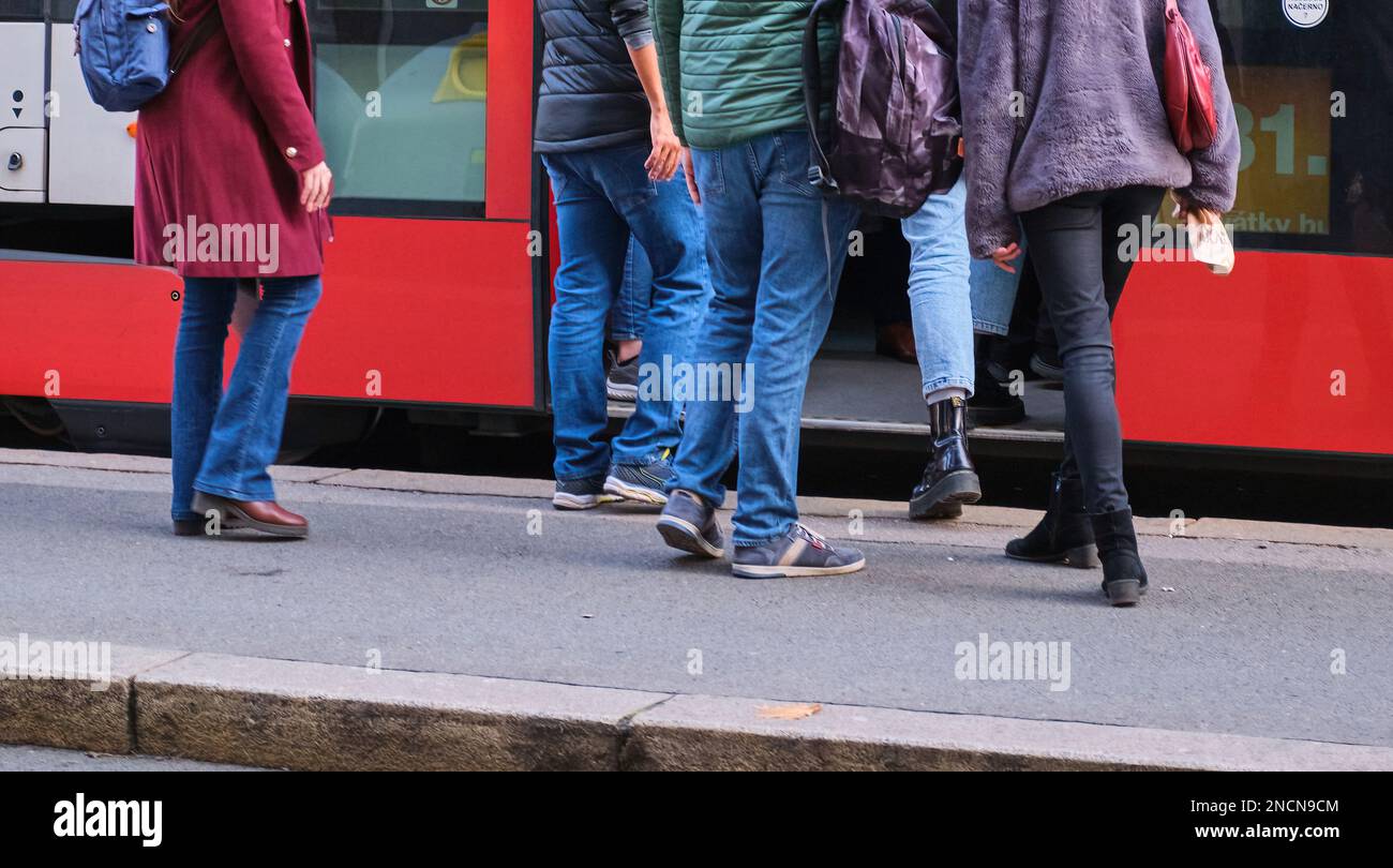 Group people getting in bus at station Traveler backpack stand waiting ...