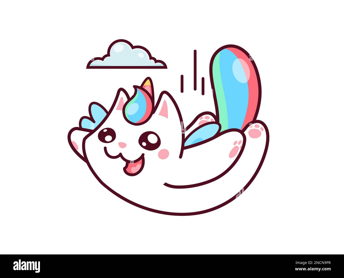 Cartoon cute kawaii flying caticorn character. Vector white unicorn cat ...