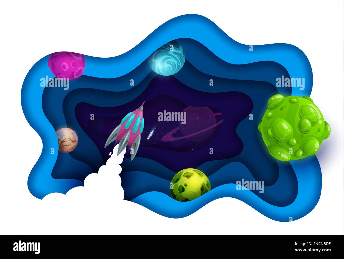 Space paper cut, rocket launch and galaxy space planets. Cartoon vector ...