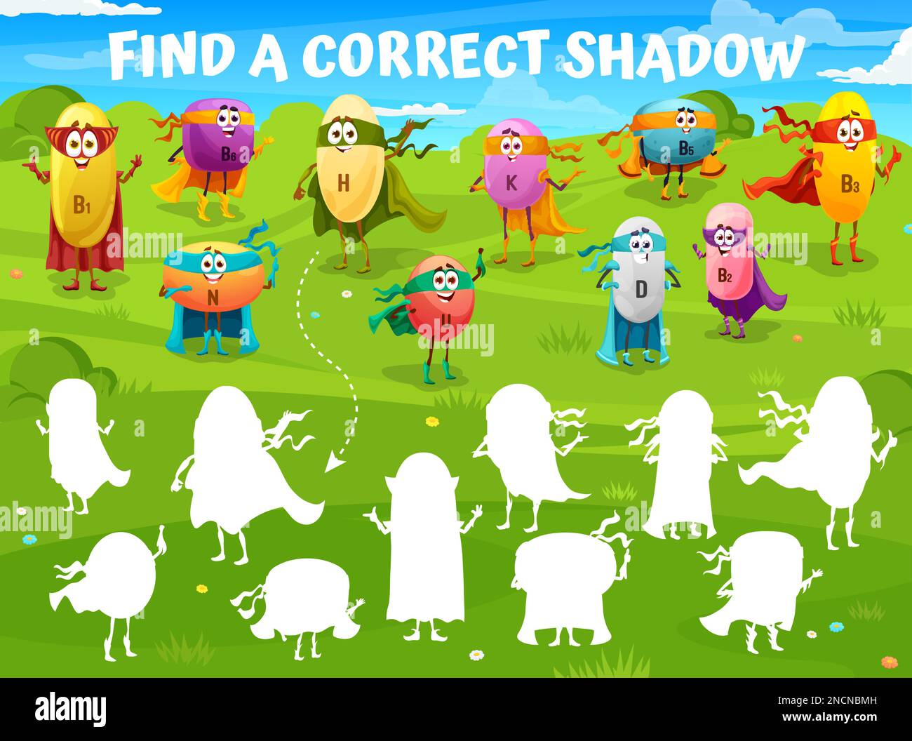 Find a correct shadow of cartoon cheerful superhero vitamin characters ...