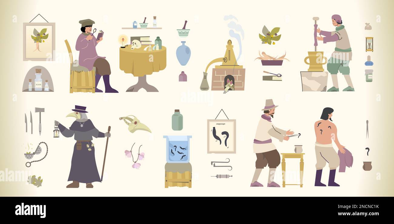 Ancient medicine flat set with isolated icons of vintage medical ...