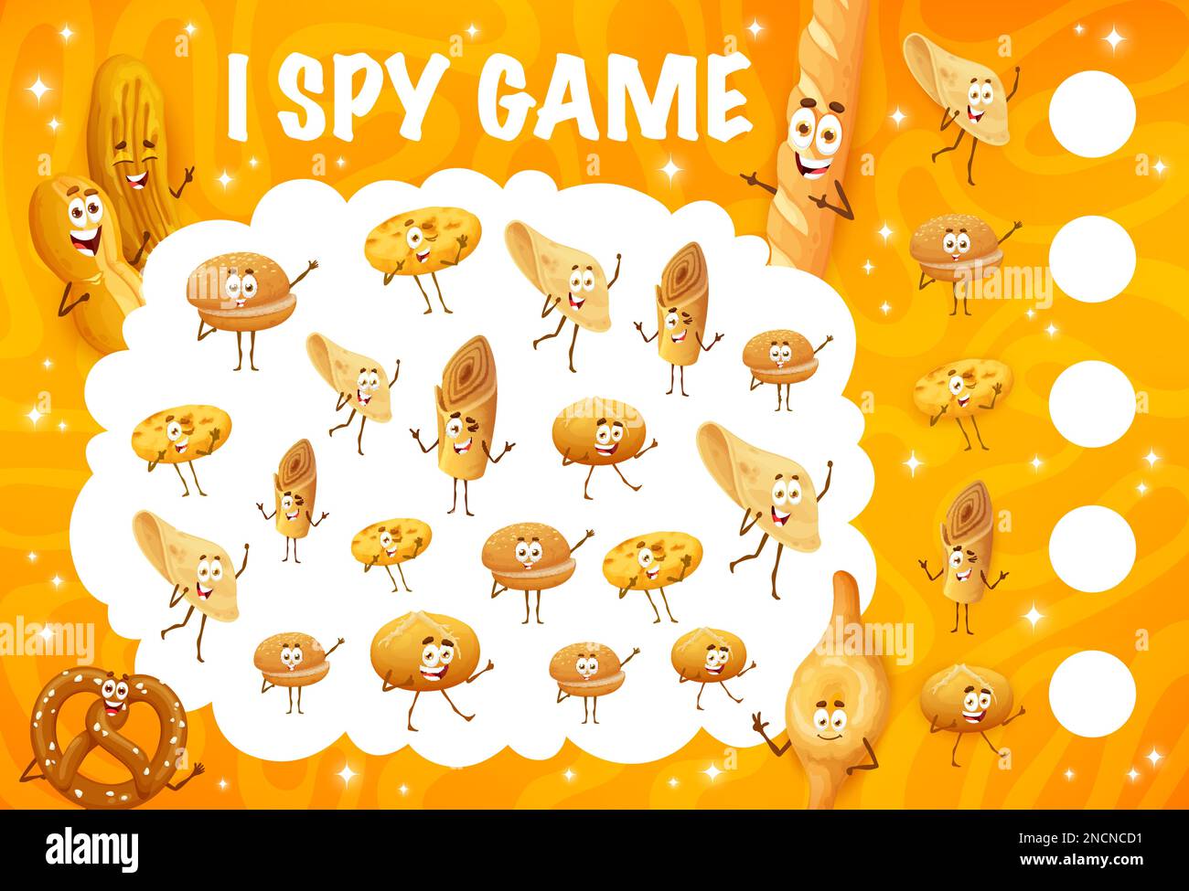 Cartoon bakery, pastry and bread characters. I spy game worksheet ...