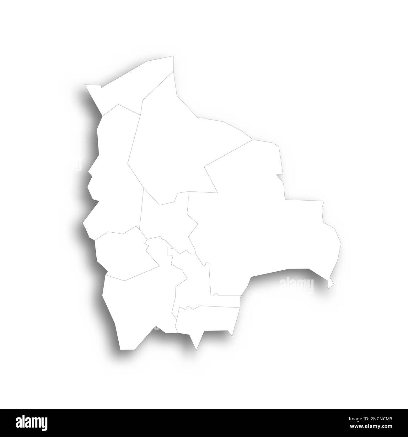 Bolivia political map of administrative divisions - departments. Flat white blank map with thin ...