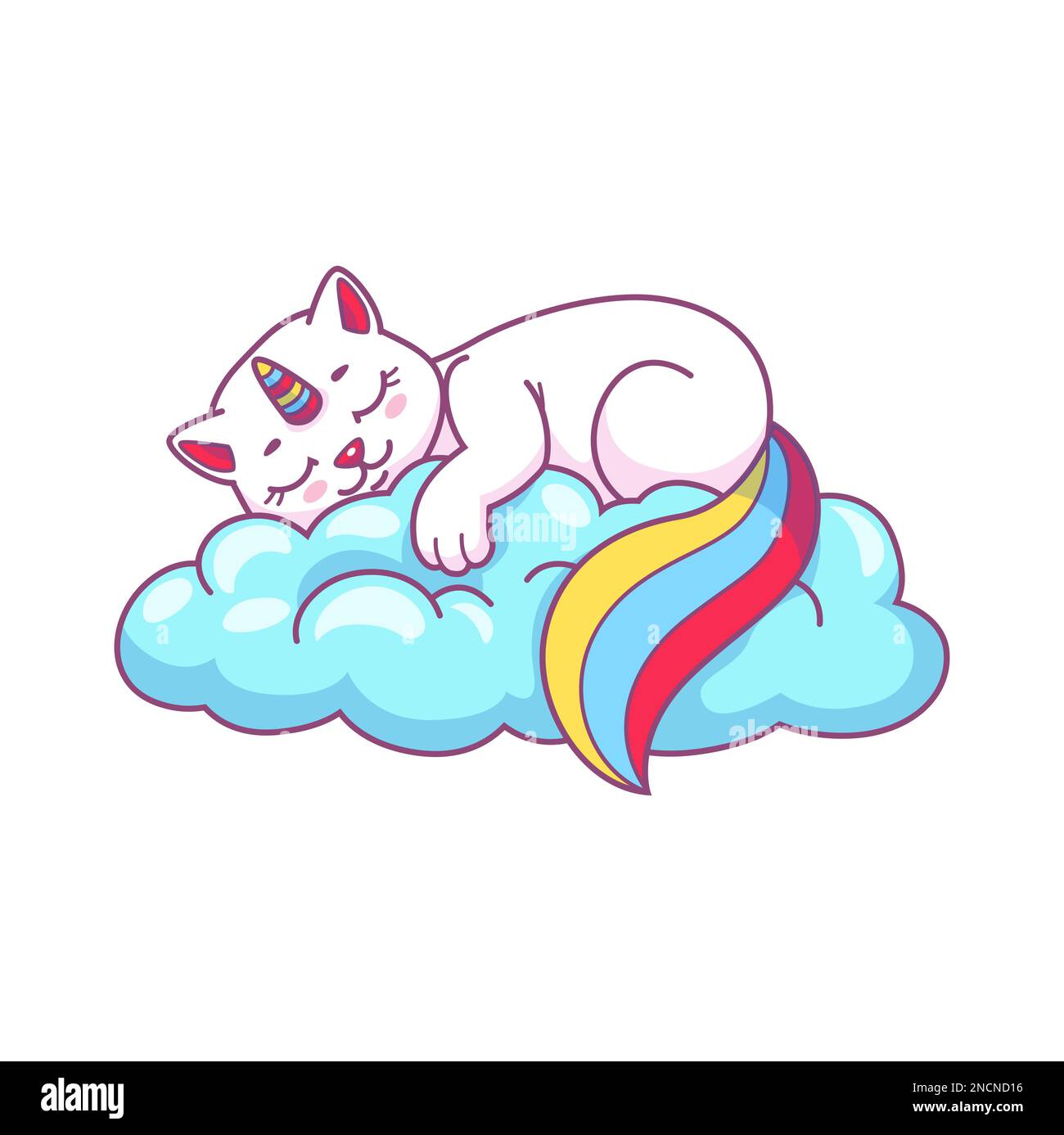 Cute funny cartoon caticorn sleeping on cloud. Kawaii creature, fairy ...
