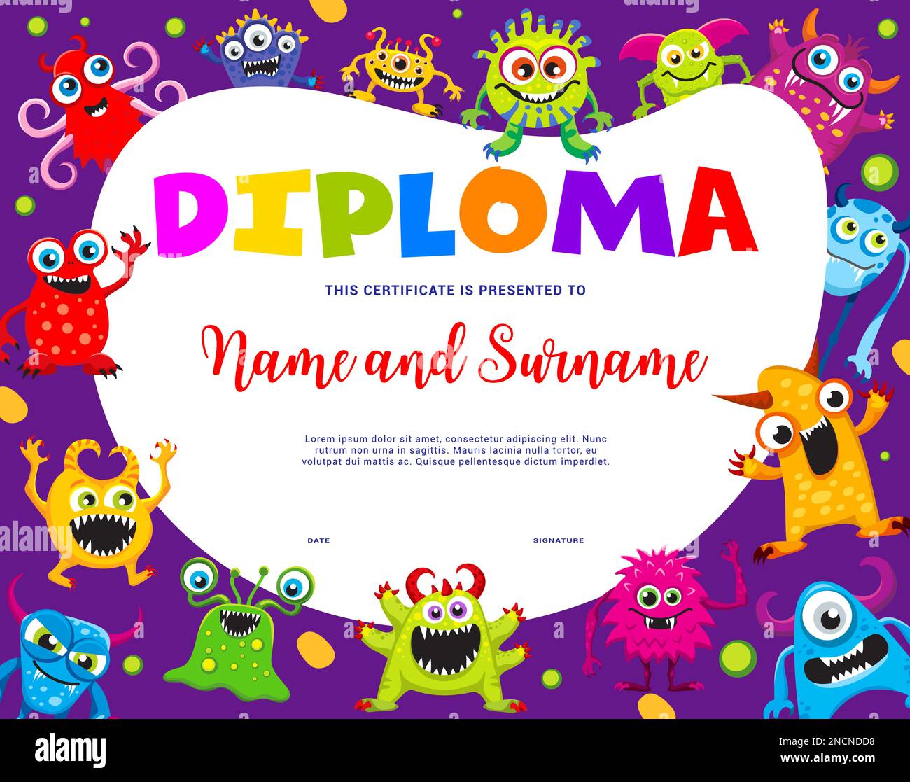 Kids diploma cartoon cute monster characters. Educational award frame ...