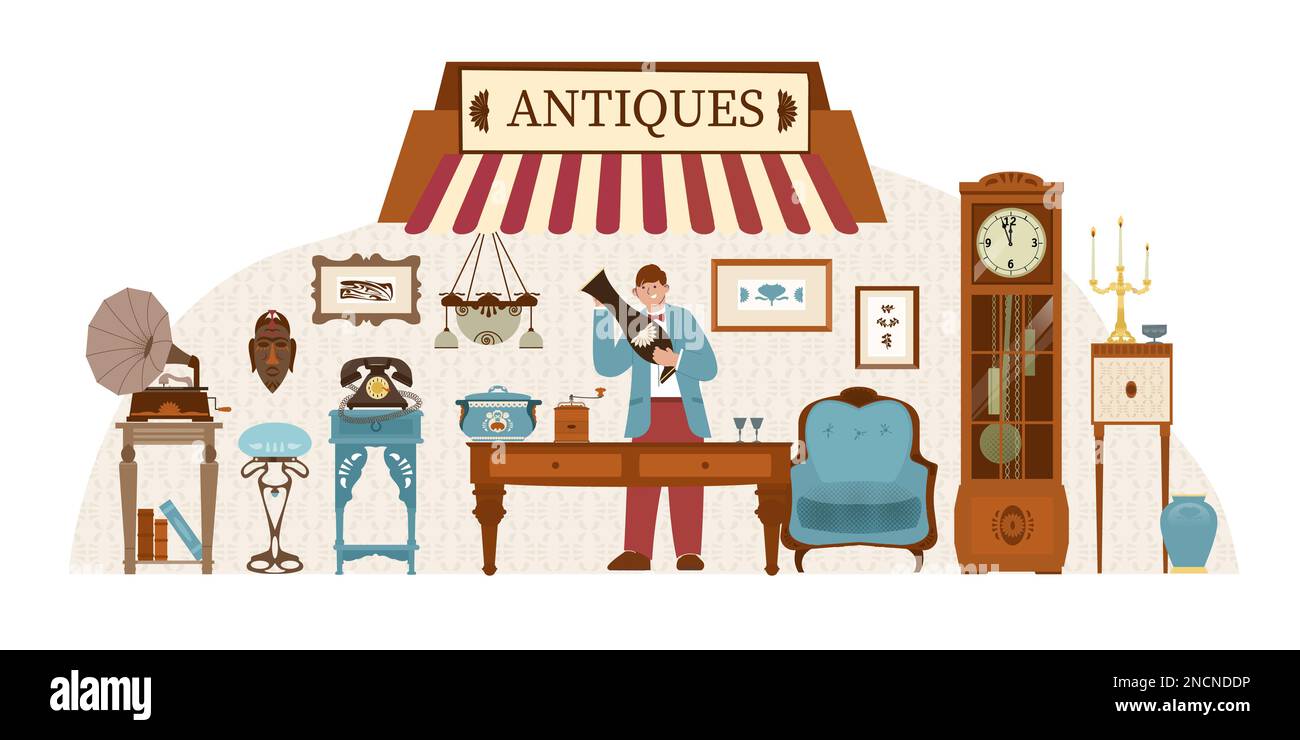 Antique shop flat composition with view of storefront canopy with ...