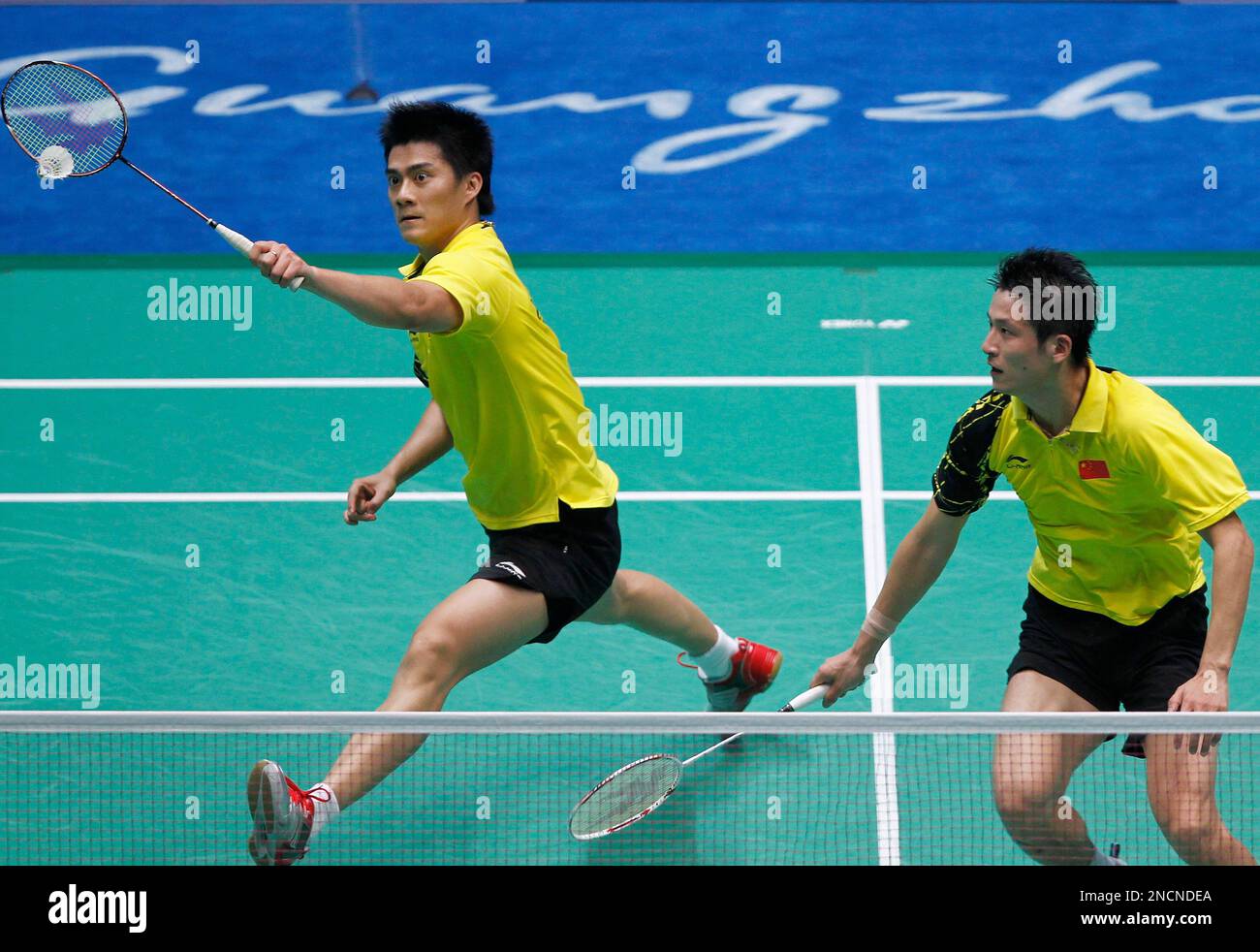 China's Fu Haifeng, left, and Cai Yun make a return against South Korea ...