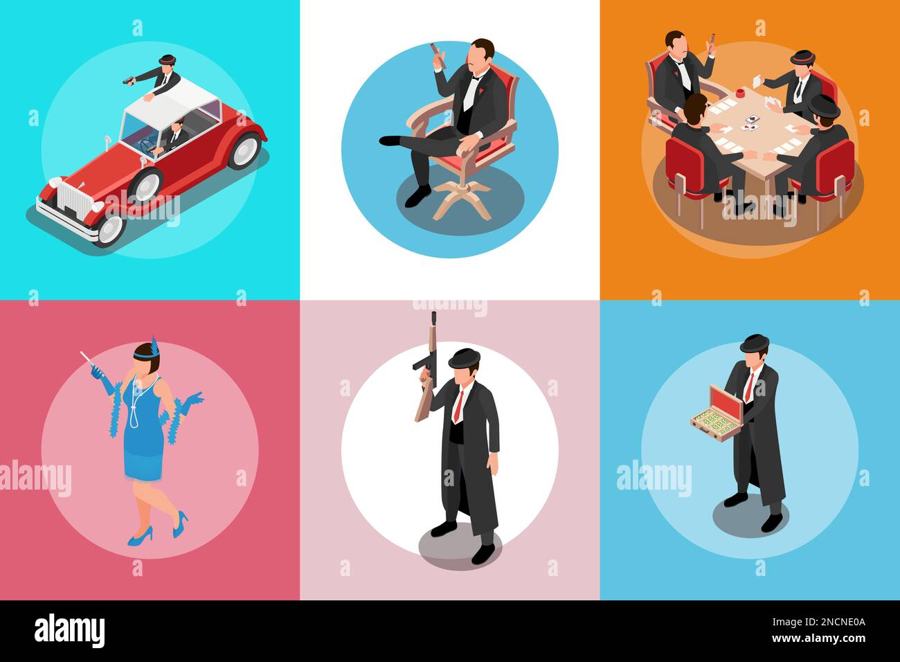 Mafia isometric concept set of six square compositions depicting people ...